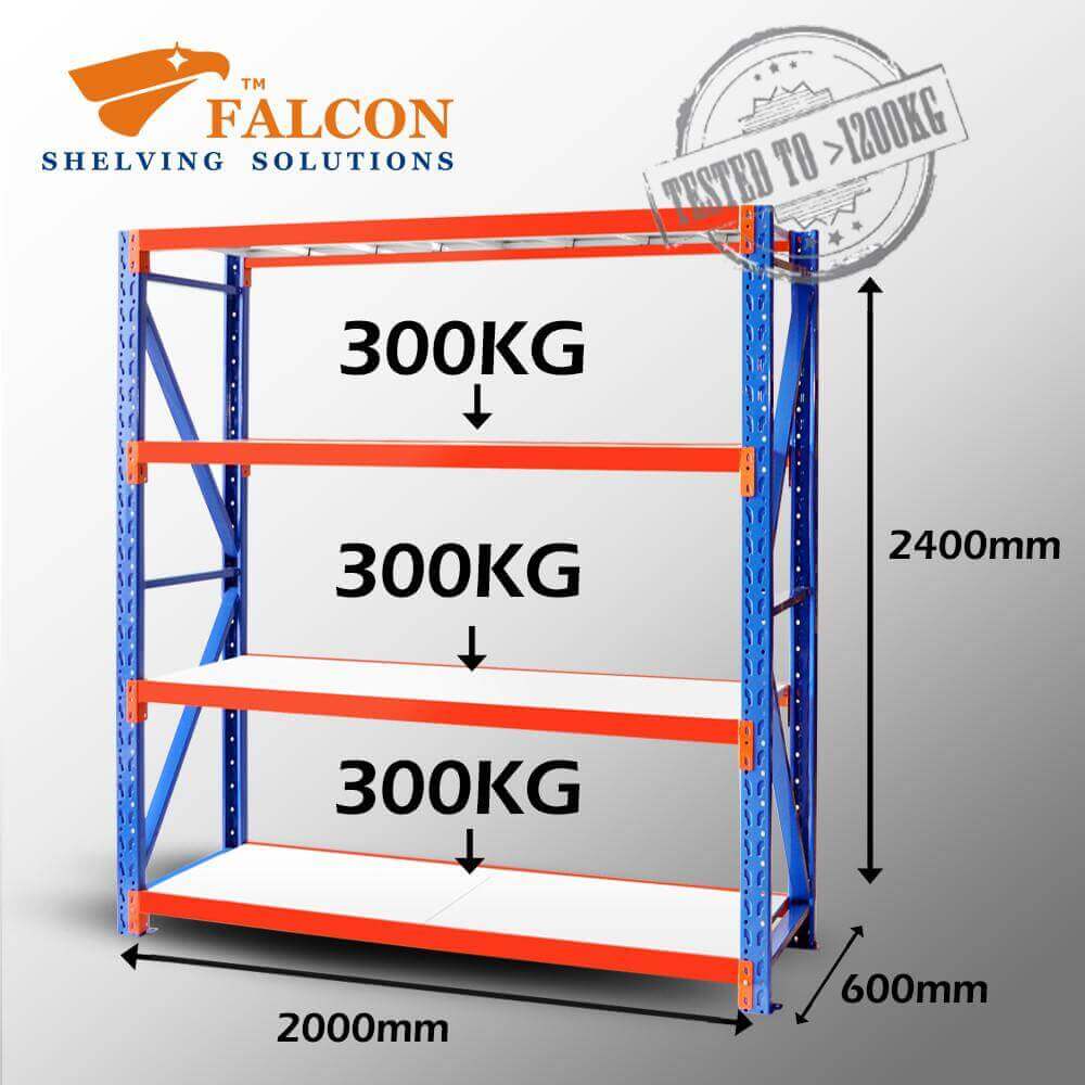 Heavy Duty Shelving 2.0mWx0.6mDx2.4mH Starter 300Kg/L - Falcon Shelving